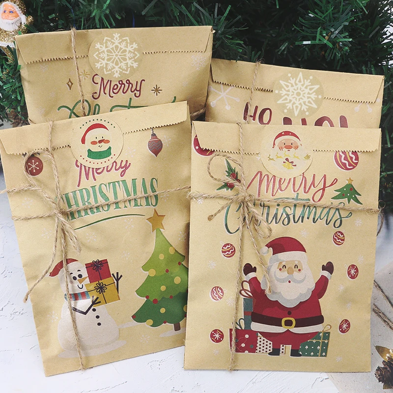 24Set Christmas Kraft Paper Bags Santa Claus Snowman Xmas Party Favor ...