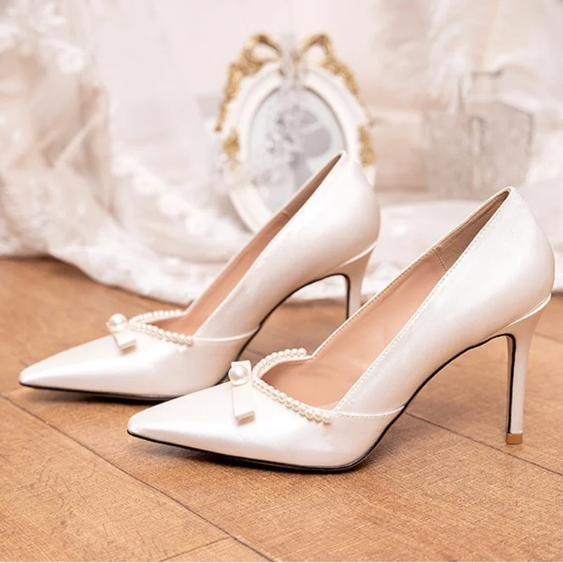 2024-Fashion-Dress-shoes-Wedding-Shoes-Female-White-Satin-Bow-Pearl ...