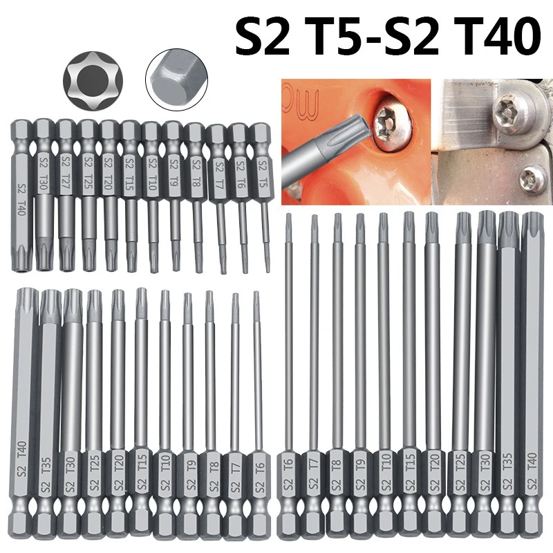 Torx Key Magnetic Screwdriver Bit Sets S2 T5-T40 1/4 Hex Shank 100mm ...