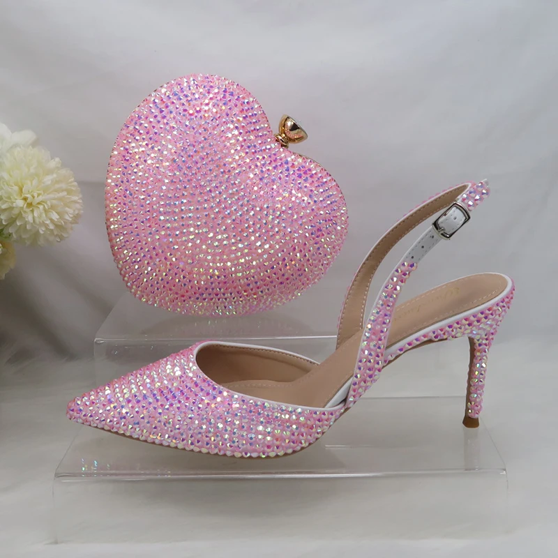 2024-New-Arrival-Heart-Pink-AB-Bling-Pointed-Toe-Wedding-Shoes-and-bag ...