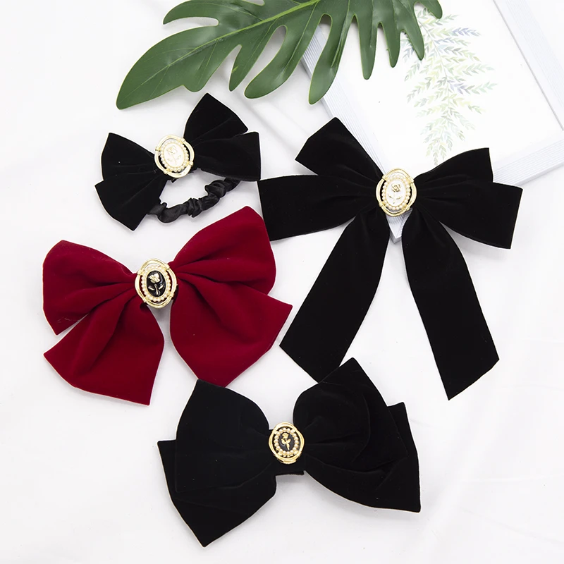 Black Burgundy Velvet Bow Spring Clip Hair Pin Elegant Fabric Alloy ...
