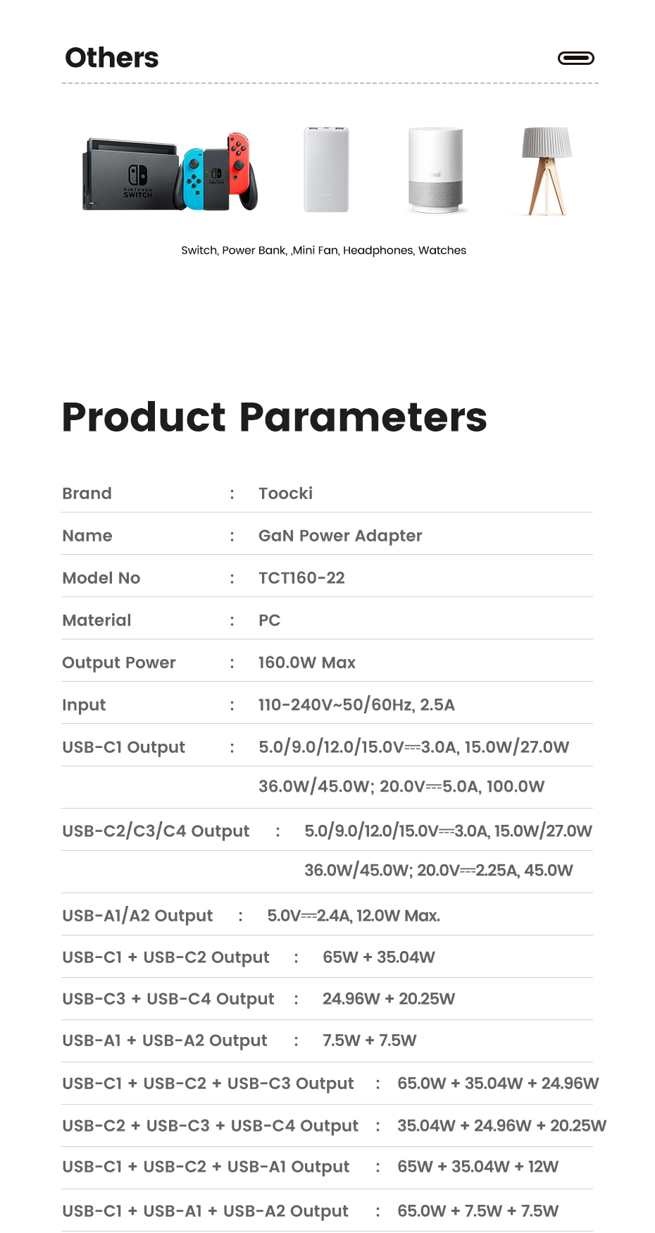 Toocki 160W GaN USB-C Desktop Charger, Multi-Port Fast Charging Station ...