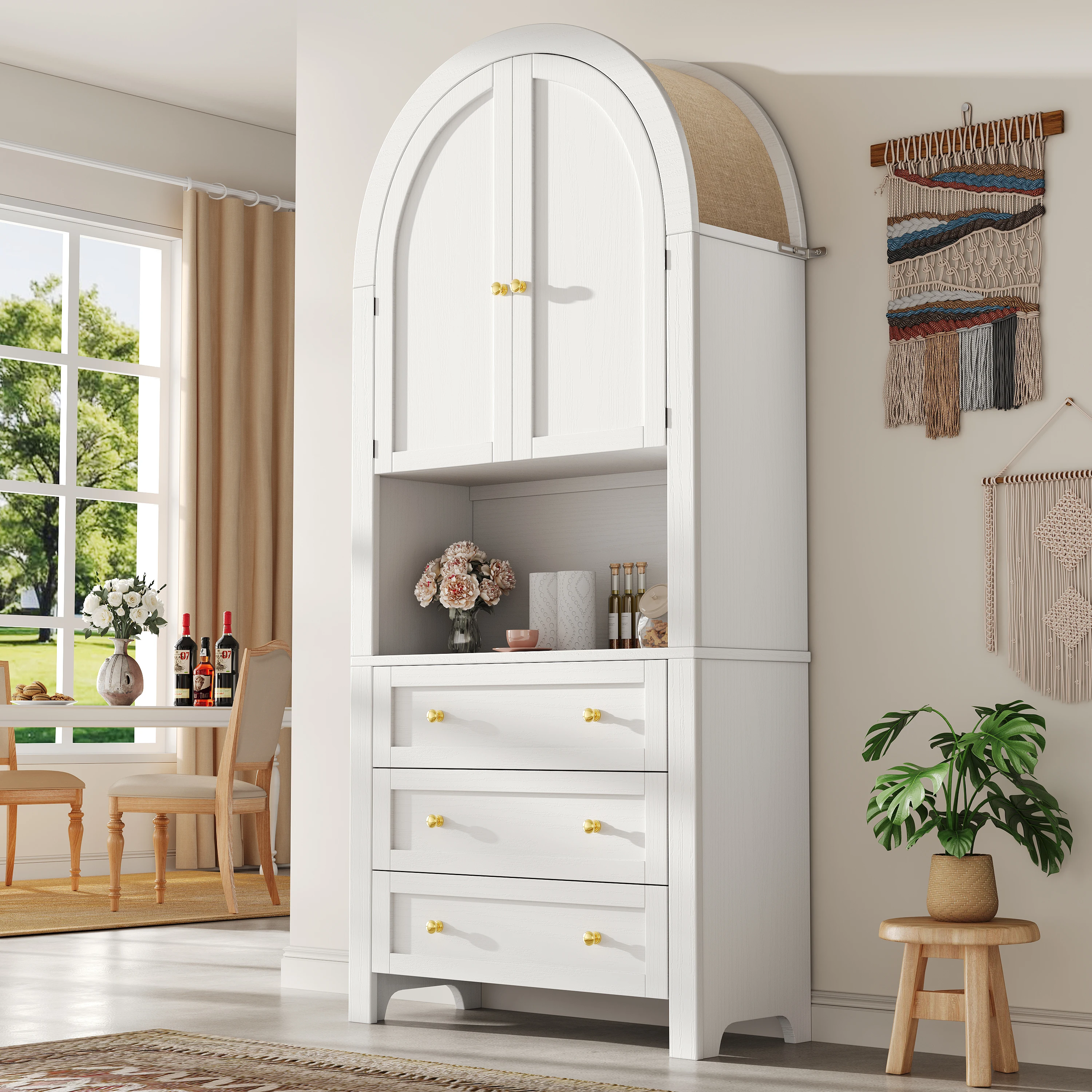 Tall Arch Storage Cabinet with Drawers and Doors, Freestanding Tall ...