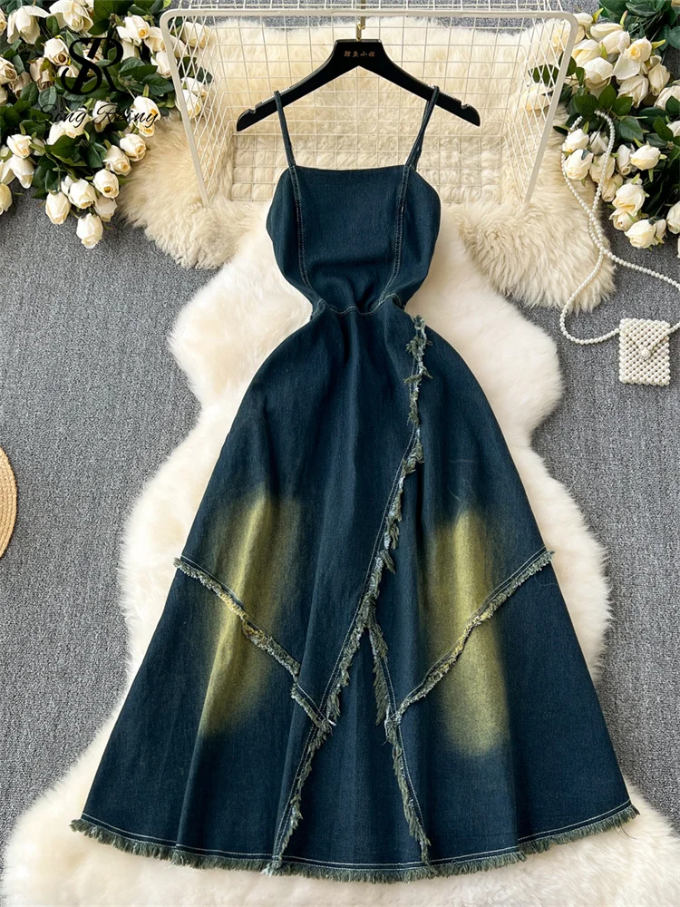 SINGREINY-Strap-Distressed-Denim-Dress-High-Quality-Senior-Streetwear-Temperament-Sleeveless-A ...