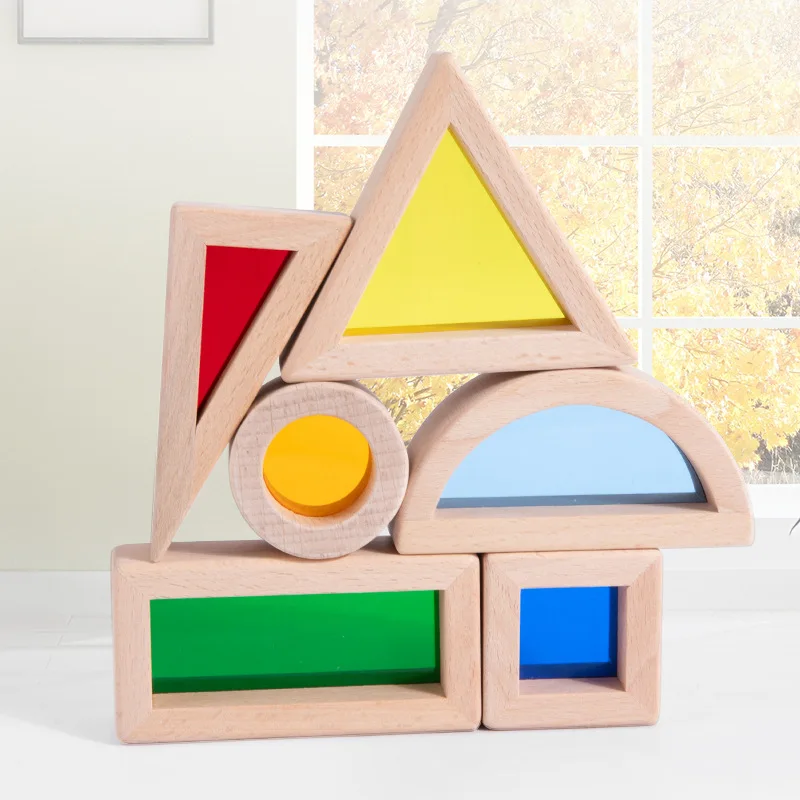 Montessori Wooden Toy Sensory Rainbow Mirror Blocks Solid Rubber Wood ...
