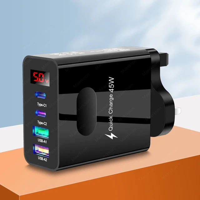4 Ports USB Fast Charger 45W PD Type C Digital Display Phone Charge ...