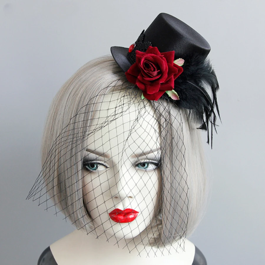 Gothic-punk-retro-red-rose-feather-mesh-sexy-Comic-Con-small-top-hat ...