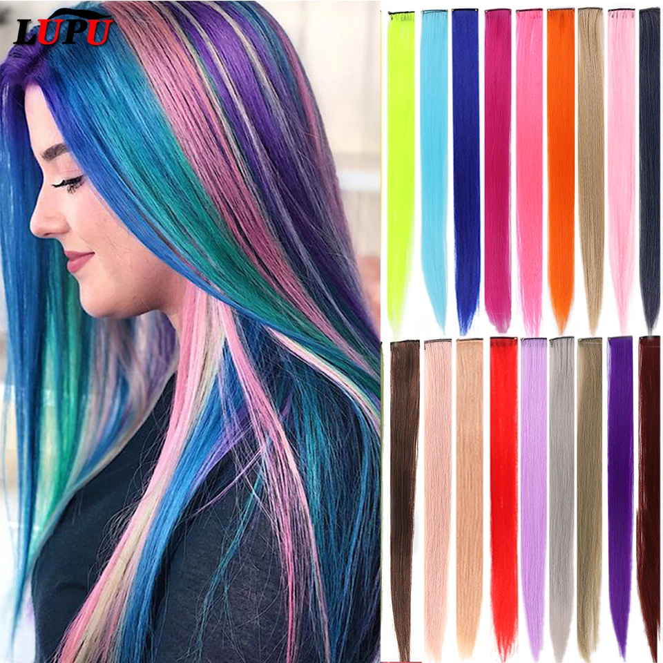 LUPU 22 Inch Colored Highlight Synthetic Hair Extensions Rainbow Long ...