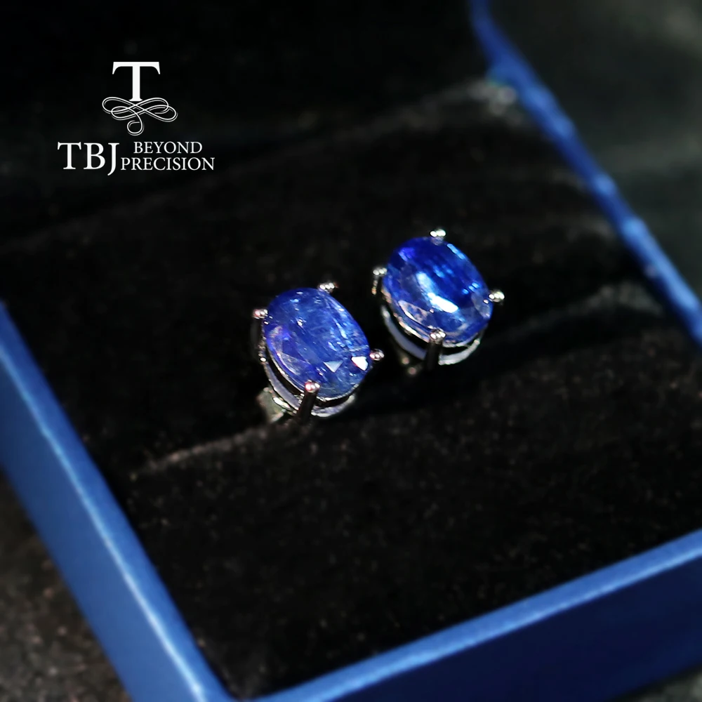 925 Sterling silver stud earrings Natural kyanite blue gemstones oval 5 ...