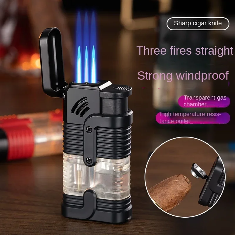 Metal Windproof Triple Jet Flame Gas Cigar Lighter Transparent Fuel ...