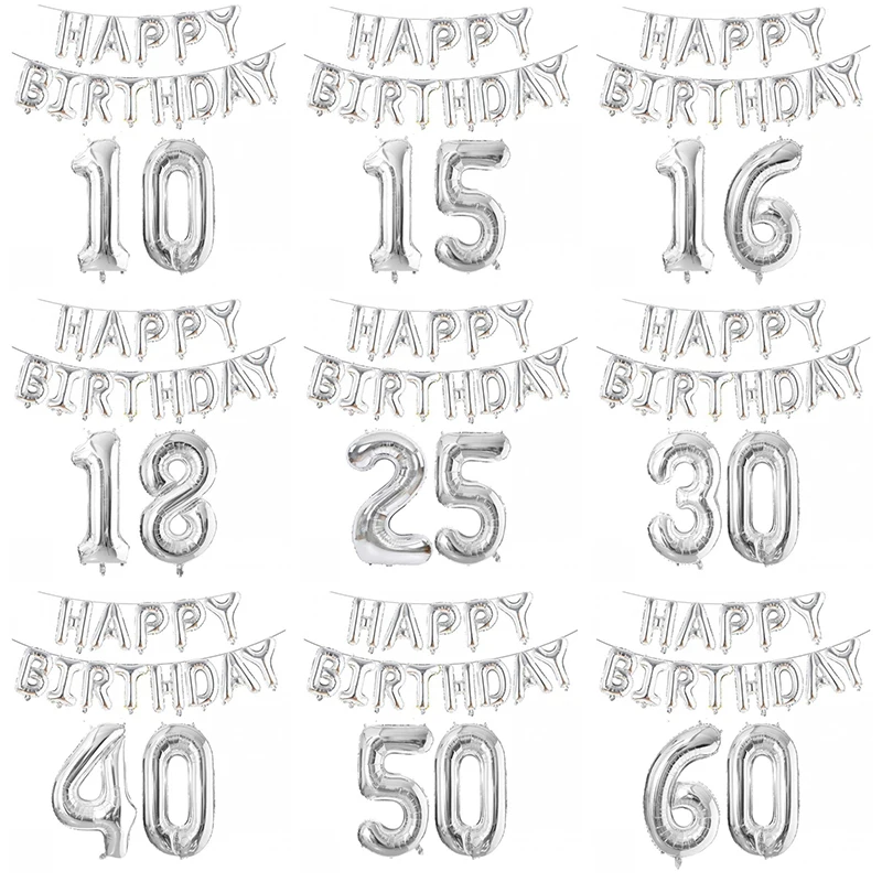 Silver Happy Birthday Number Letter Foil Balloons Adult Kids Party ...