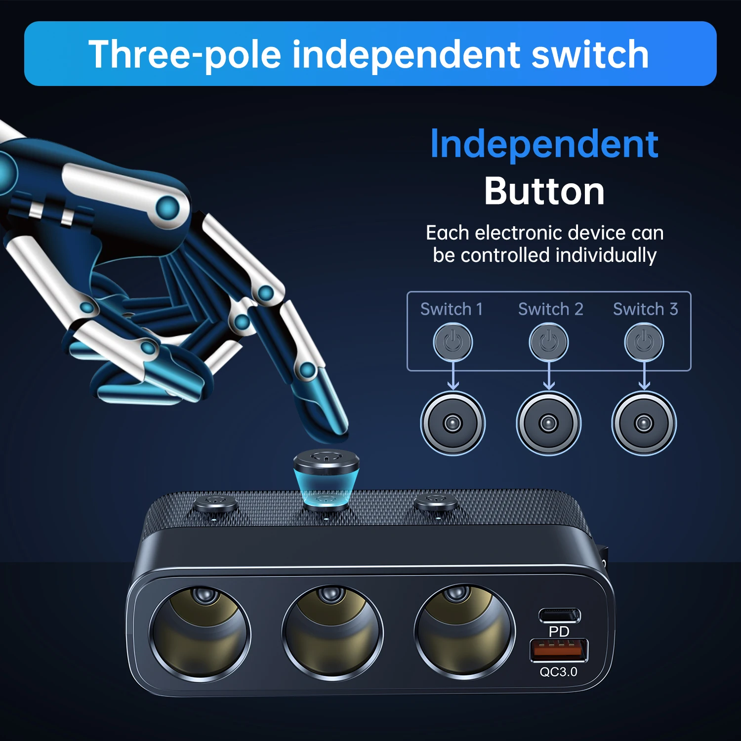 LightInTheBox New 127W 7 in 1 Car Charger Splitter PD30W Qc3.0 Cigarette Lighter Adapter Car Cigarette Lighter Socket Splitter with Switch