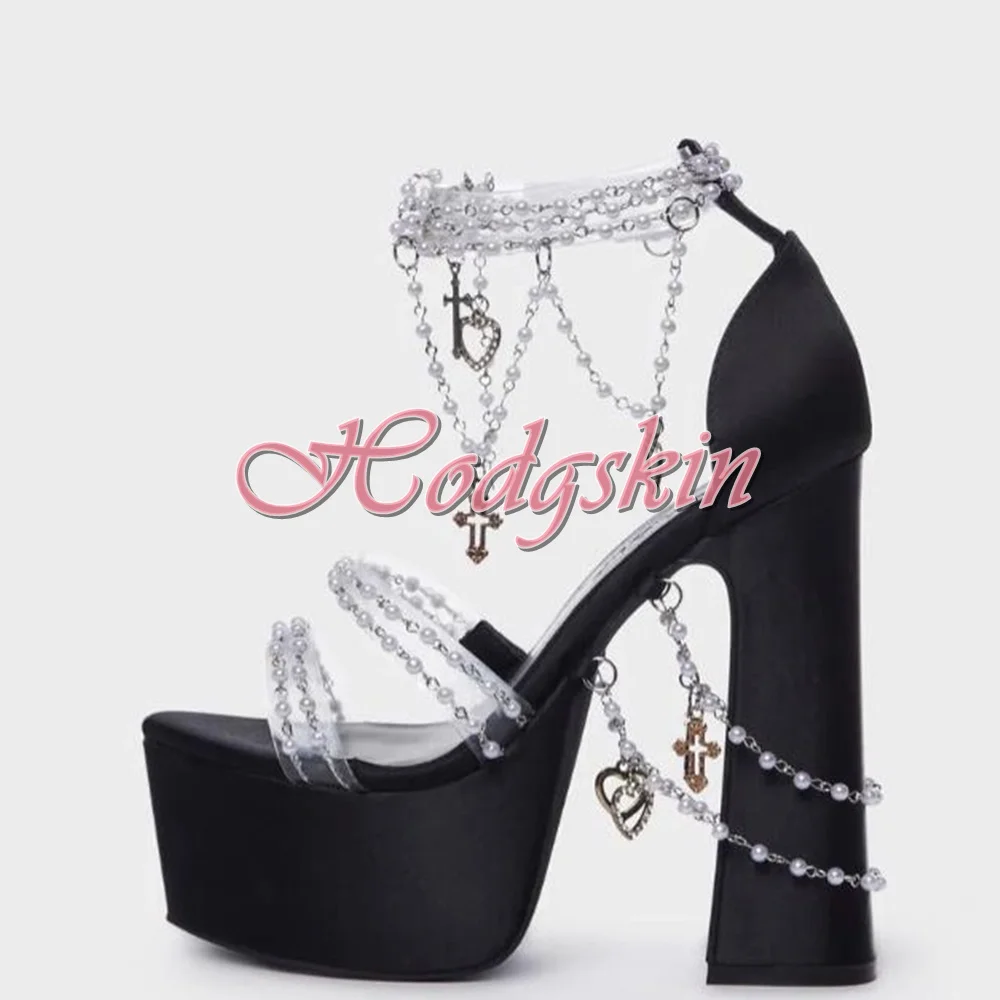 Pearl Chain Crystal Sandals Open Toe Platform Chunky High Heels Solid ...