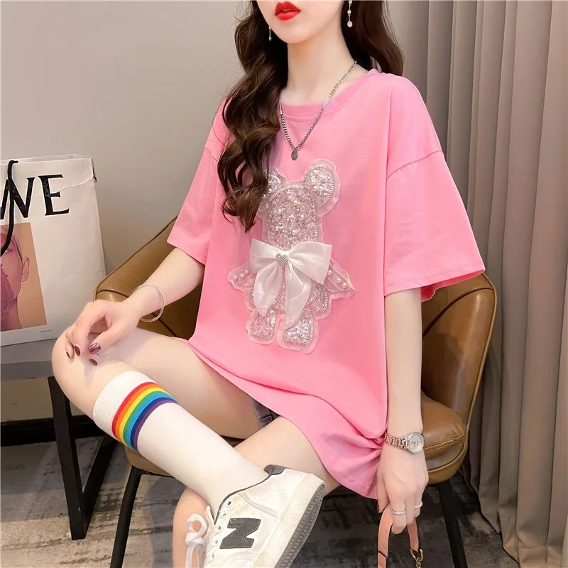 New-Style-Medium-Long-Tender-Pink-Girl-T-Shirt-Beaded-Diamond-Bow-knot ...