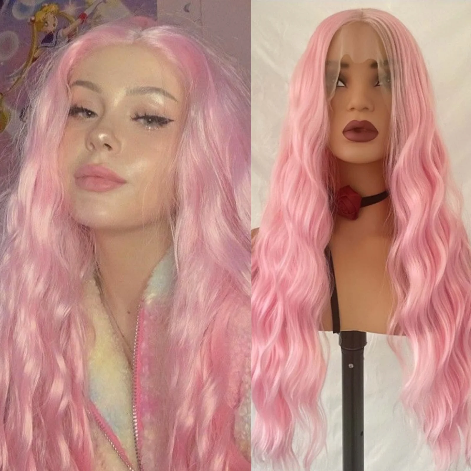 Pastel Pink Wig Long Curly Synthetic Hair Lace Front Wig Natural Wavy ...