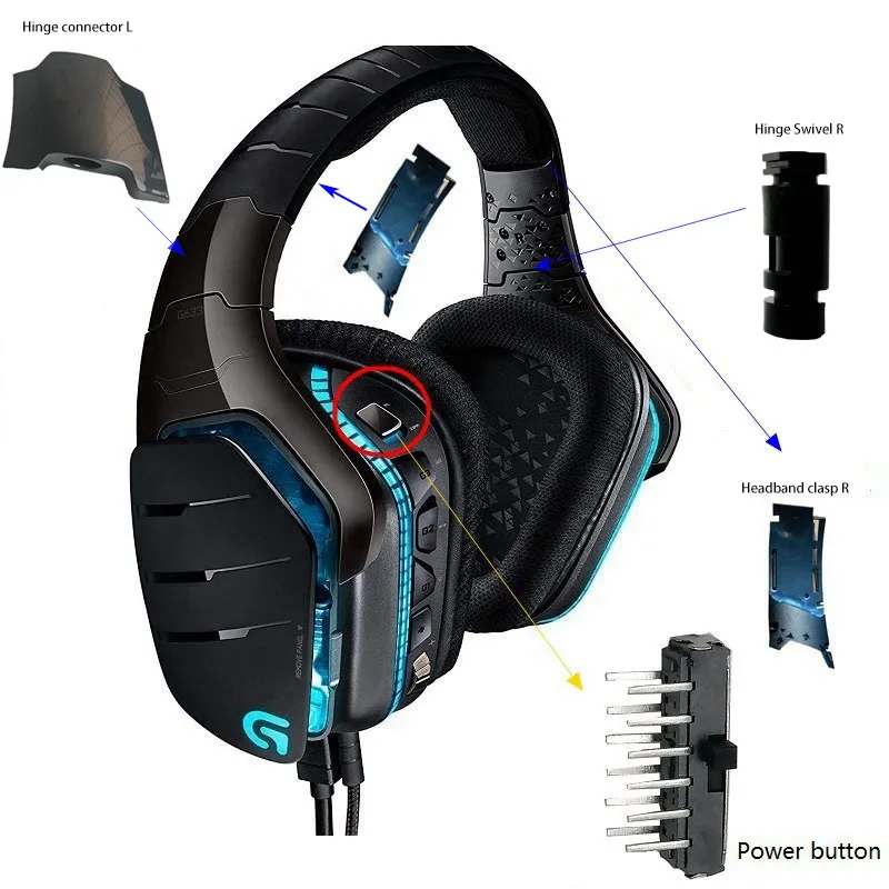 로지텍 G933 G935 G633 G635 Artemis 스펙트럼 무선 헤드폰 수리 부품용 헤드셋 전원 스위치 버튼 및 헤드 ...