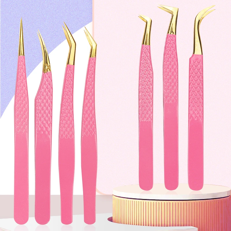 1PC Pink Stainless Steel Eyelash Tweezers Anti-static Non-magnetic ...