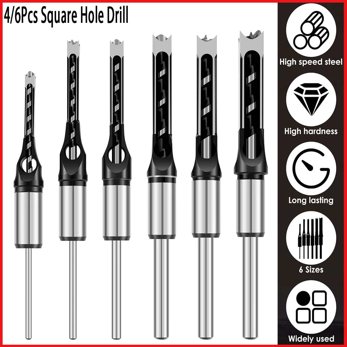 4-6PCS-Square-Hole-Drill-Woodworking-Drill-Bit-Hss-Twist-Square-Hole ...