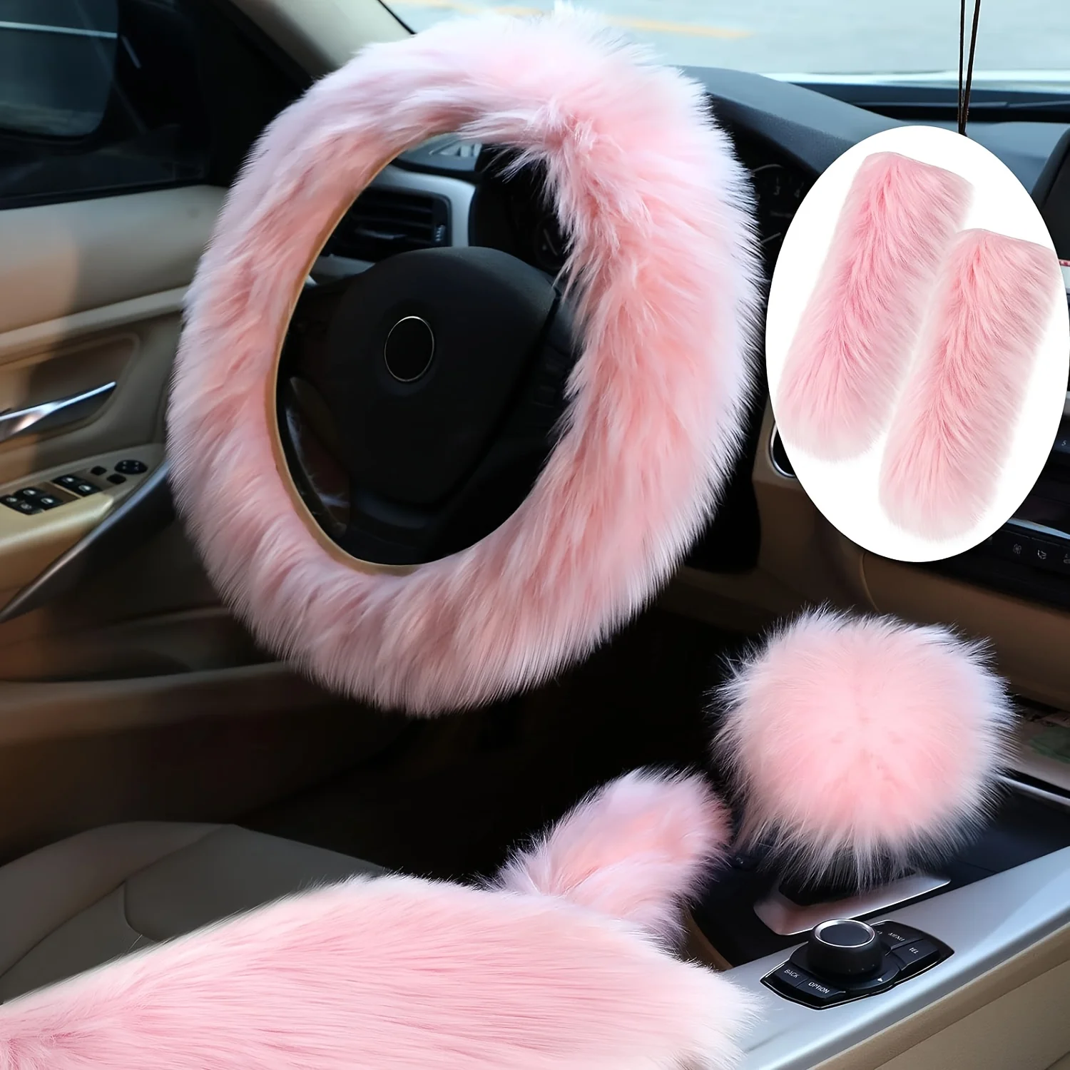 6-Pieces-Pink-Fluffy-Steering-Wheel-Covers-Faux-Wool-Shaggy-Car ...