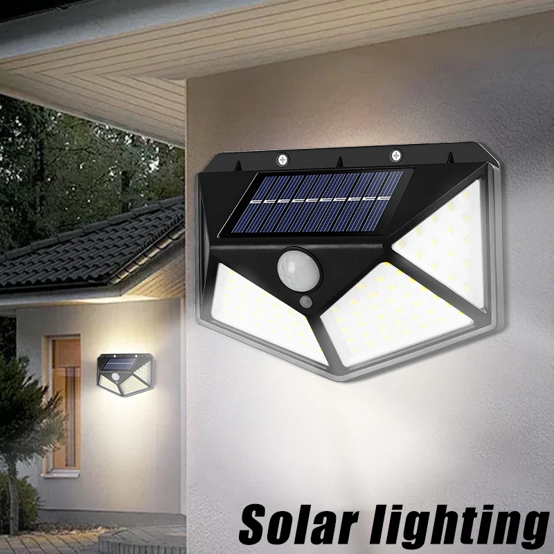 Waterproof-100-LED-Solar-Wall-Lamp-4-Sides-Luminous-Outdoor-Lamp-With ...