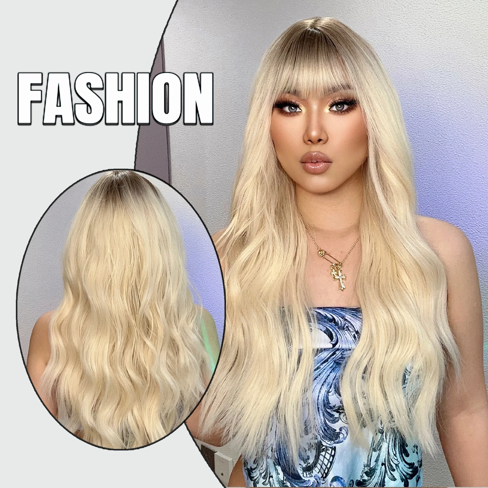 LOUIS-FERRE-Long-Wavy-Ombre-Synthetic-Wig-for-Women-Brown-Light-Blonde ...