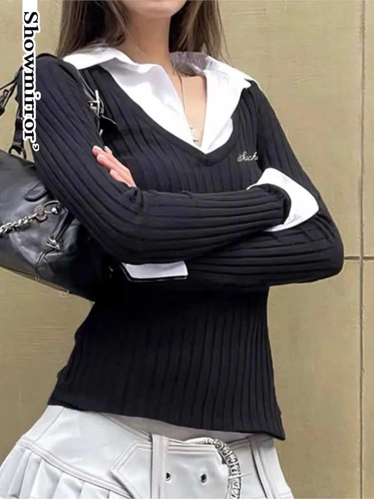 cute-Preppy-Style-Knitted-Patchwork-Tee-Shirt-Women-elegant-top ...