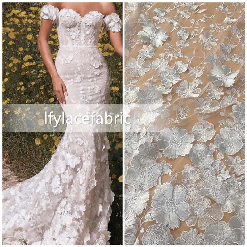 3d Flower Fabric Wedding Dress | White 3d Flower Fabric Bridal - New 3d ...