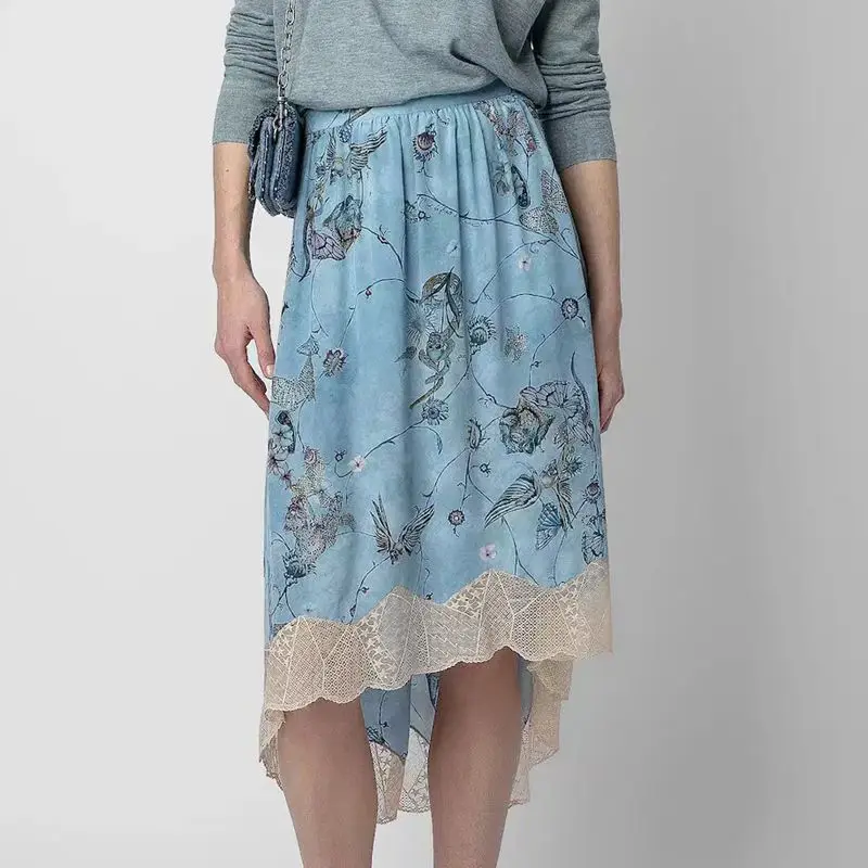 Media-falda-con-estampado-de-flores-para-mujer-azul-marino-cintura-el ...