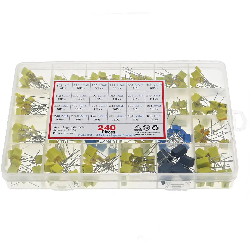 240pcs-63V-100V-24Value-Correction-capacitor-Plastic-Film-Capacitor-Kit ...