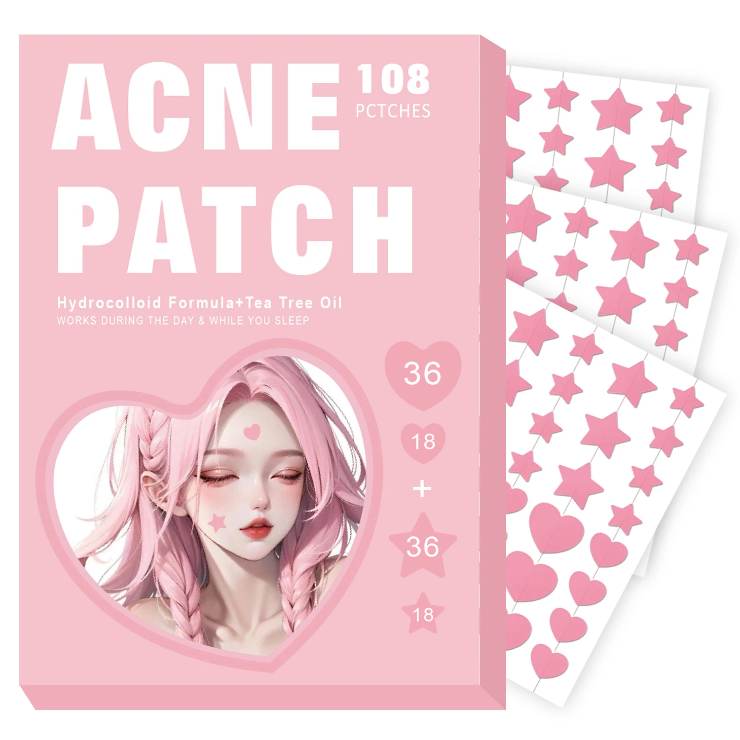 108-Acne-Patch-Pimple-Patch-Pink-Heart-Star-Shaped-Acne-Absorbing-Cover ...