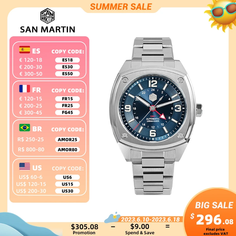 San Martin Original Design Square Brand GMT40mm Sport Luxury Automatic ...