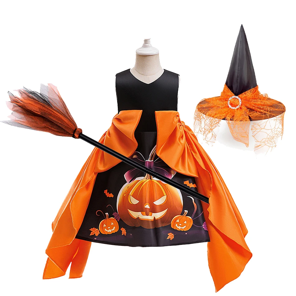 Halloween Gilrs Satin Pumpkin Dress Girl Black Big Bow Little Children ...