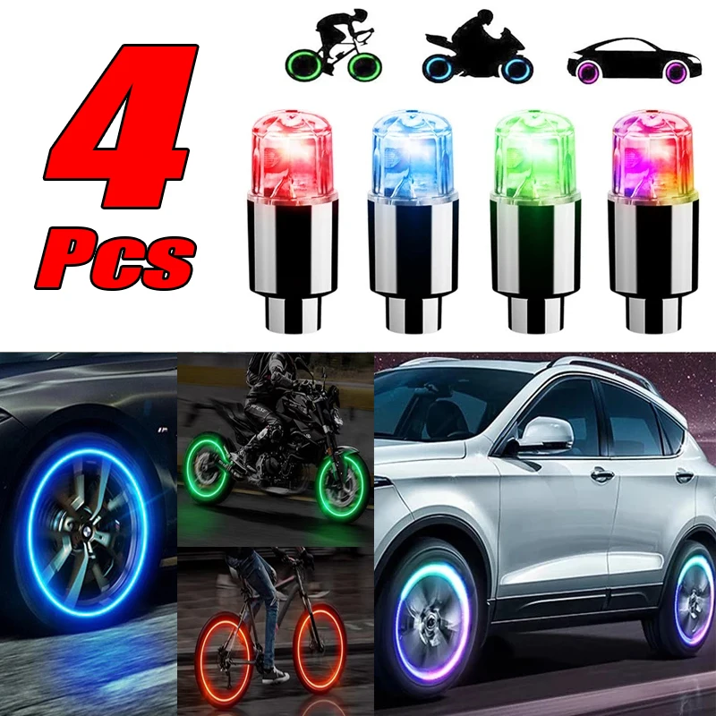 4Pcs Colorful LED Wheel Lights Car Tire Valve Caps Neon Light Universal ...
