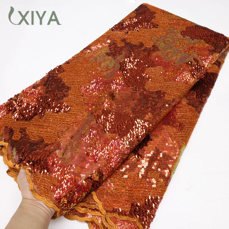 Xiya 번트 오렌지 아프리카 튤 레이스 원단 신부 웨딩 드레스 바느질을 위한 고품질 프랑스 스팽글 코드 원단 소재 2022