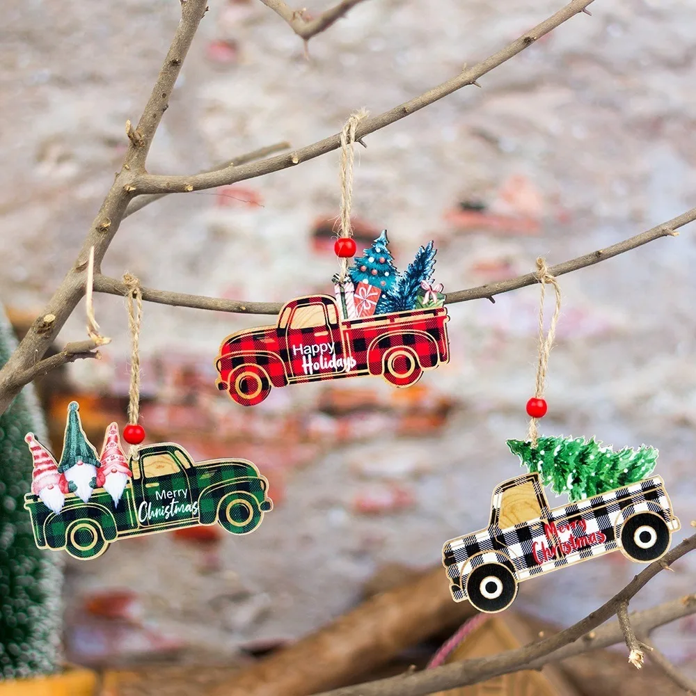 2023-year-Christmas-Wooden-Cars-Plaid-Style-Pickup-Trucks-Table ...