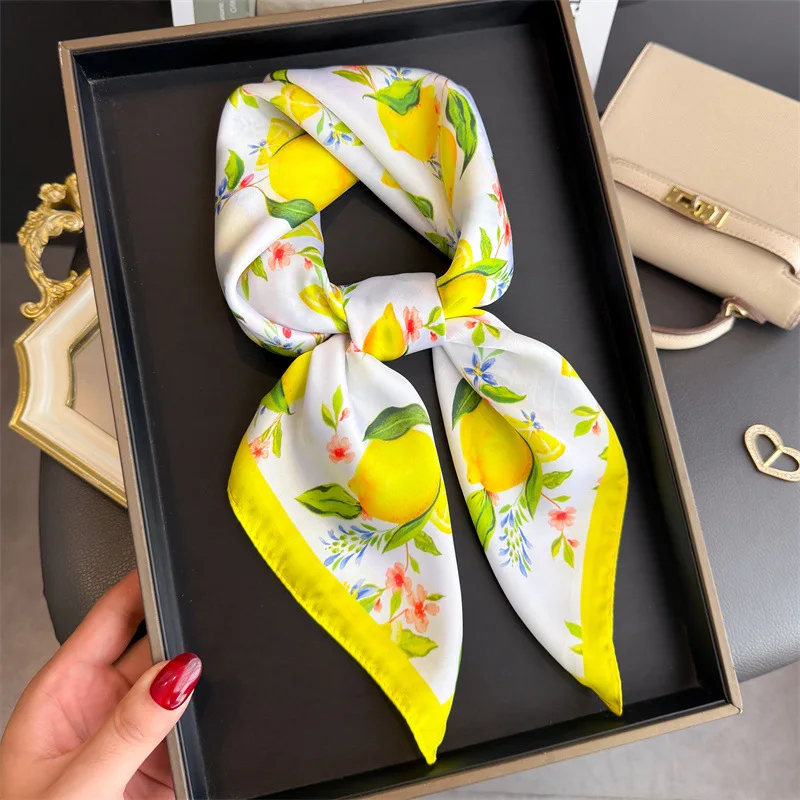 Luxury Women's Summer 70x70cm Square Silk Scarf Lemon Printed with ...