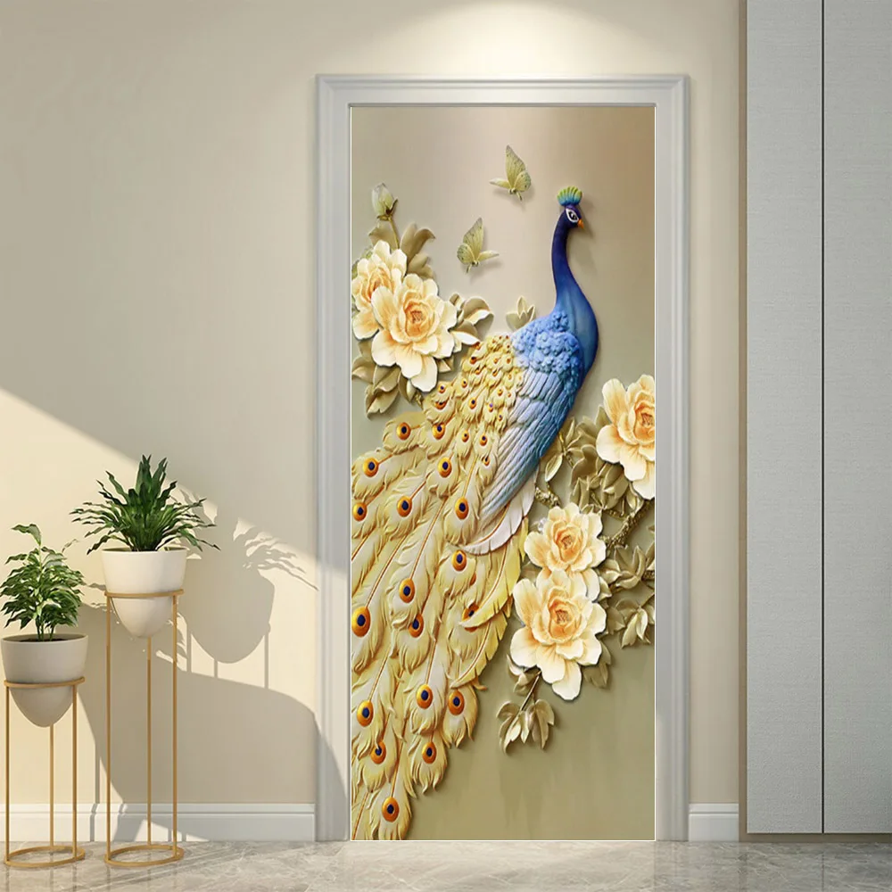 Peacock Flower Door Stickers Animal Wallpaper Wildlife Floral PVC Self ...