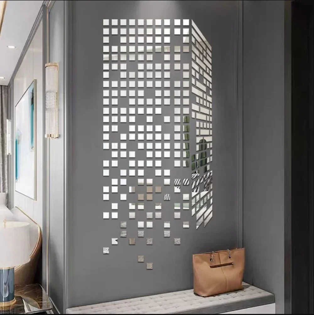 100 Pcs Square Mirror Wall Sticker Mosaic Acrylic DIY Self-adhesive For ...