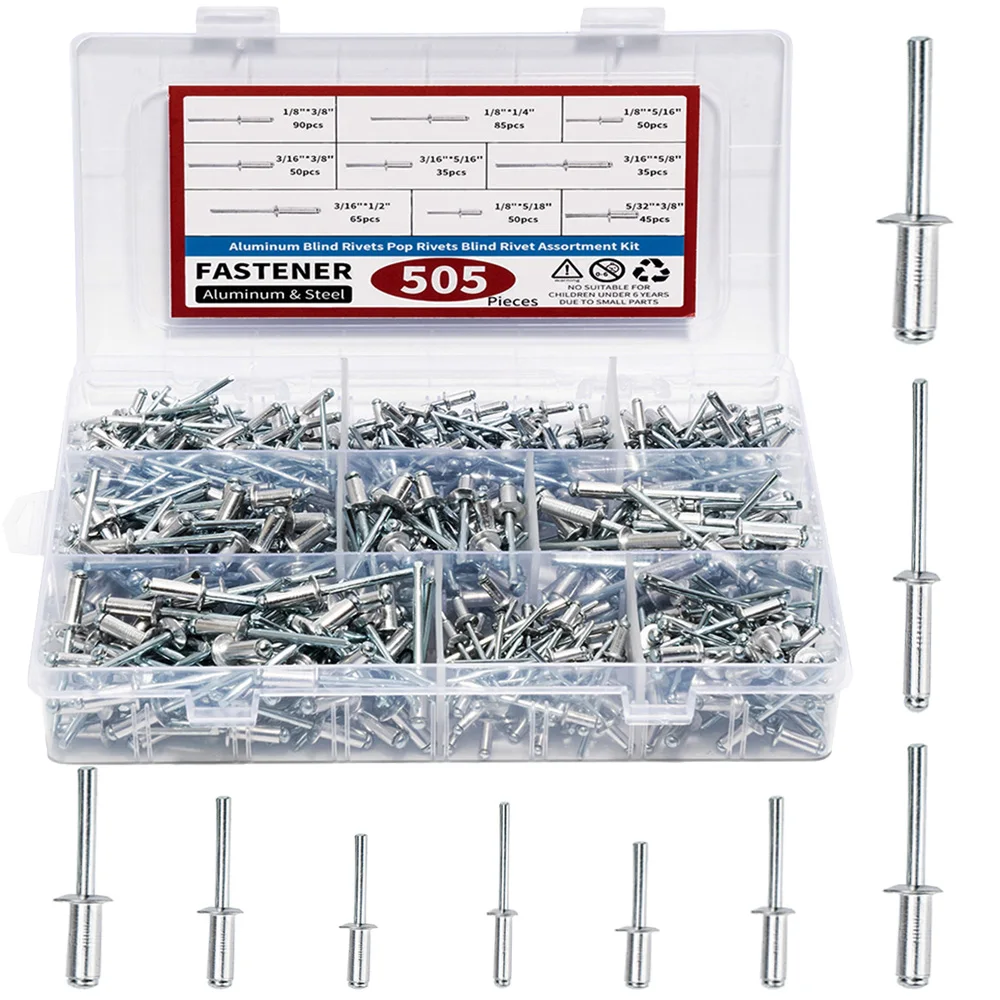 505pcs Aluminum Blind Rivets, 9 Sizes Pop Rivets Assortment Kit, 1/8" 3 ...