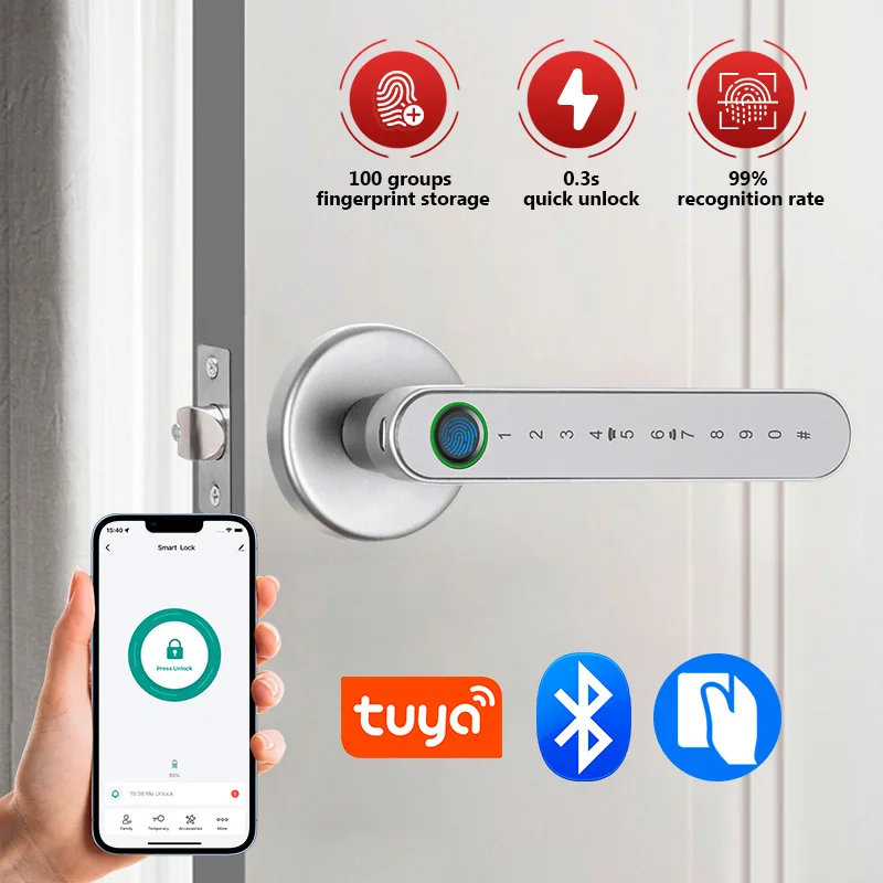 Tuya Smart Fingerprint Door Lock Handle With Fingerprint Password ...