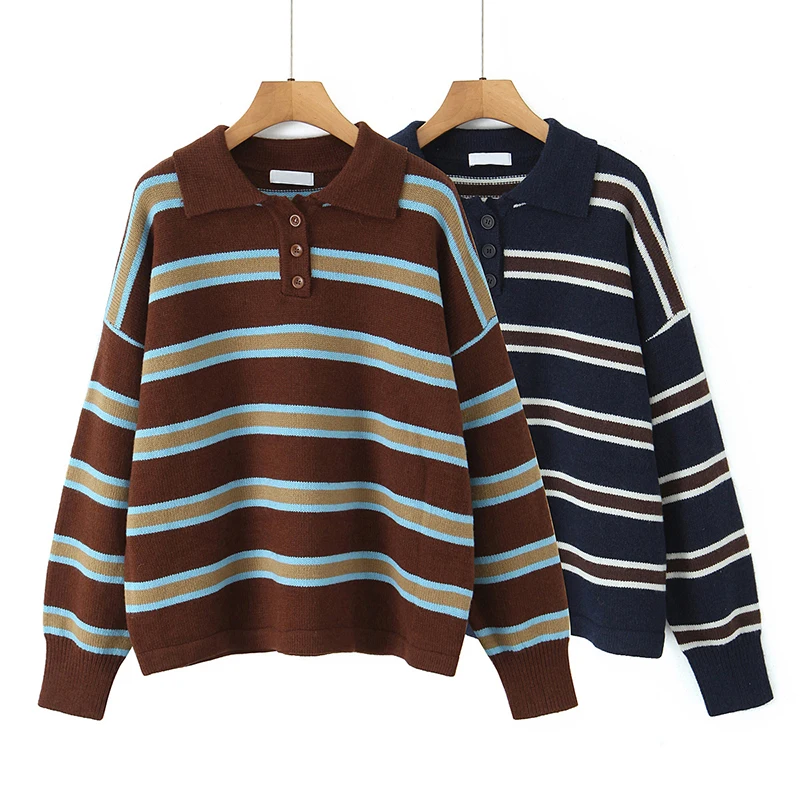 YENKYE Retro Preppy Style Polo Collar Sweater For Women Long Sleeve ...
