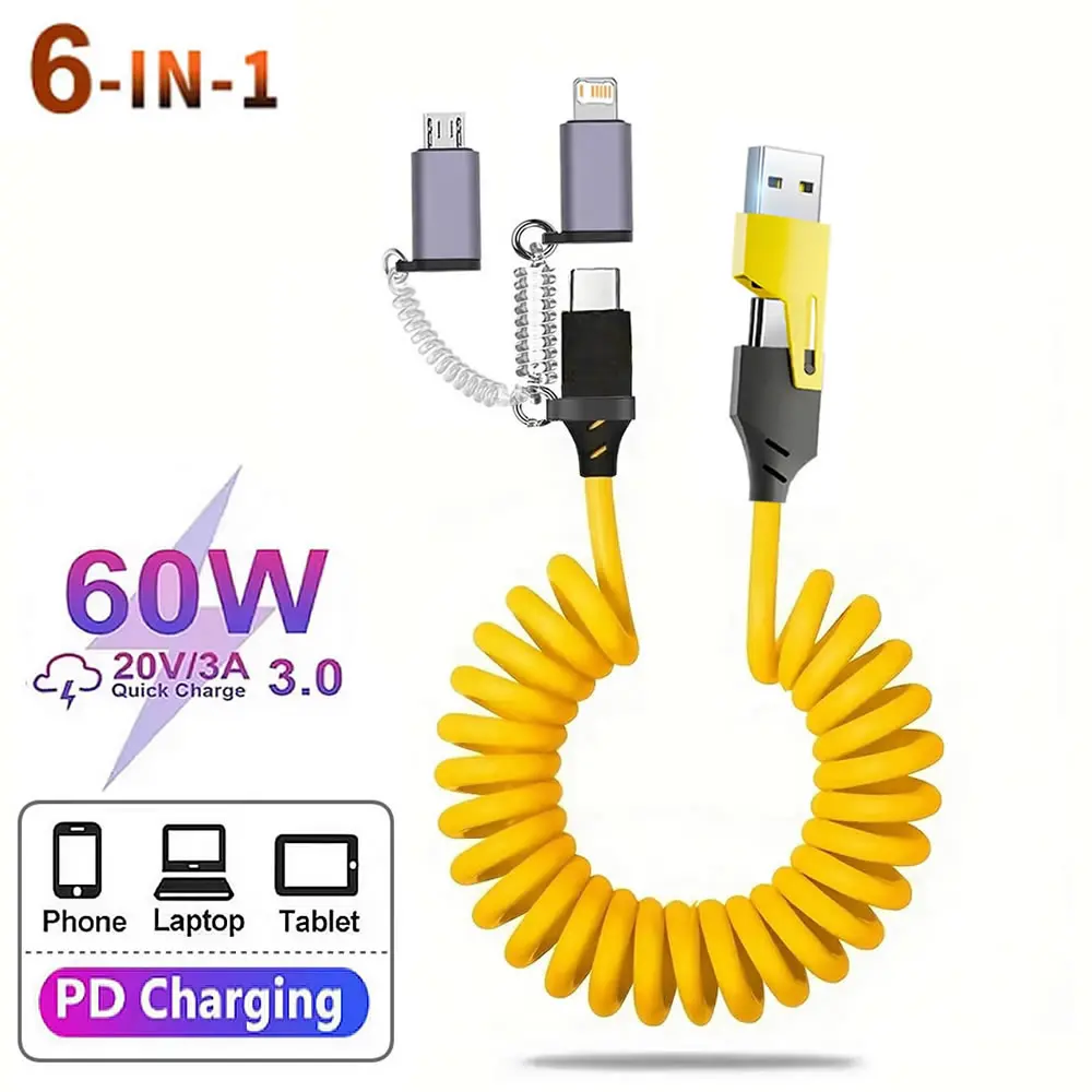 PD 60W USB C Spring Short Data Cable Telescopic Cable 3 4 5 in 1 USB-C ...