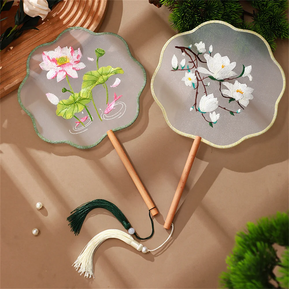 Flower Embroidered Silk Round Fan Chinese Hand Fans with Wooden Handle ...