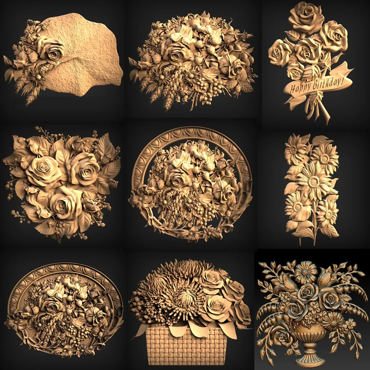 9pcs-Decor-flower-3d-STL-Model-for-CNC-Router-3D-Printer-flower-3d ...