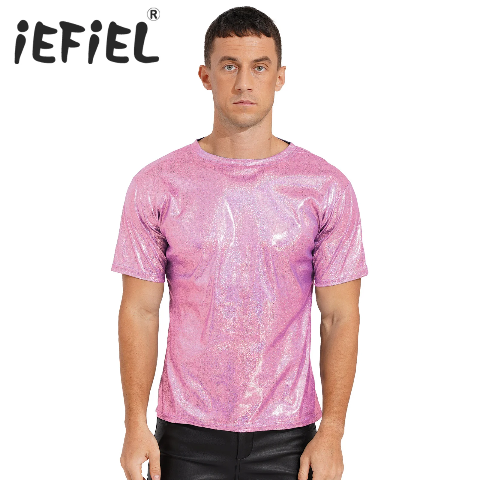 Mens Shiny Tops Holographic Metallic Short Sleeve Shirt Glitter Sparkle ...