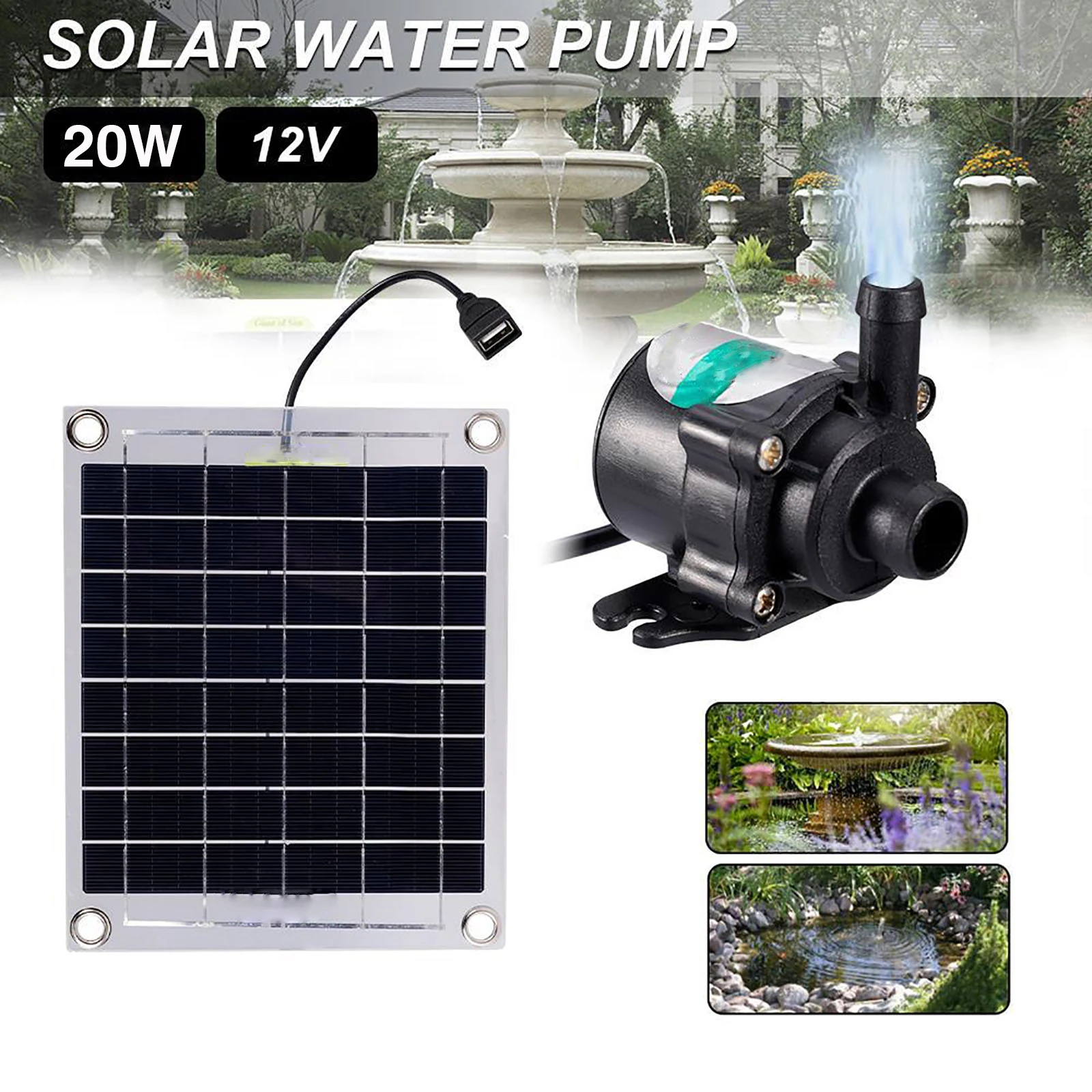 20W-Solar-Water-Pump-Group-Photovoltaic-Panel-Fountain-Adjustable-Timing-Water-Pump-Pool-Pond ...