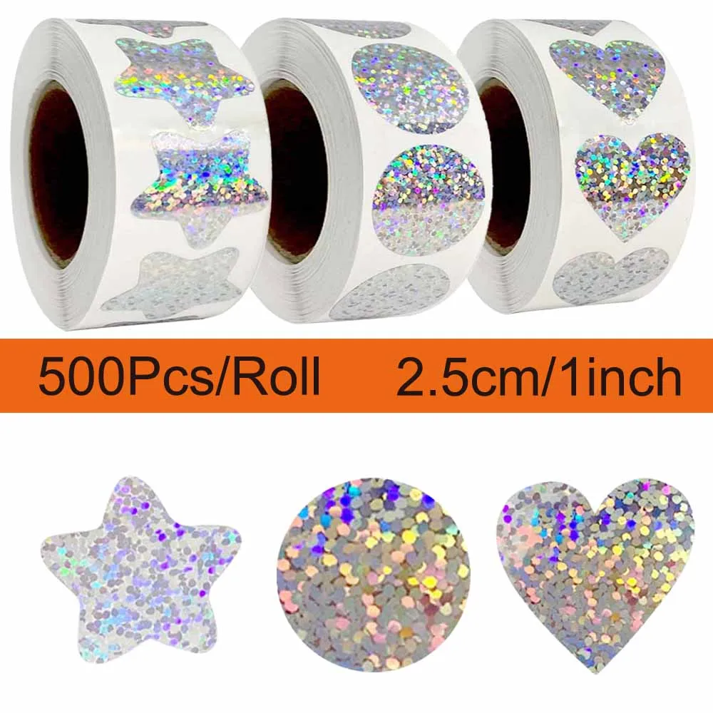 500Pcs/Roll Sparkly Laser Star Heart Round Stickers 1.0in/2.5cm Diy ...