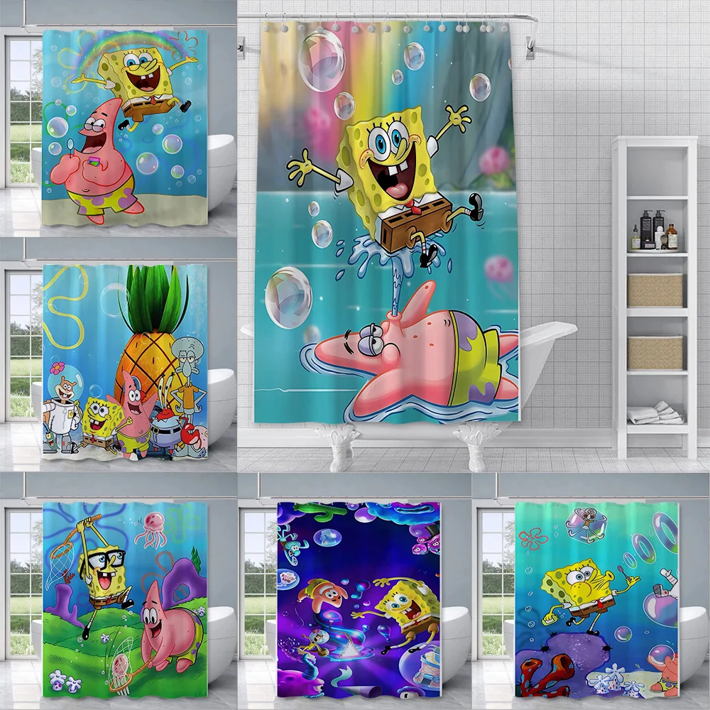 Shower-SpongeBobs-Curtain-Waterproof-Polyester-Fabric-Paint-Colorful ...