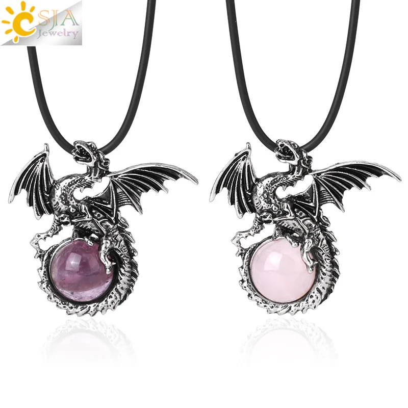 CSJA-Vintage-Wing-Dragon-Crystal-Necklace-for-Men-Women-Natural-Stone ...