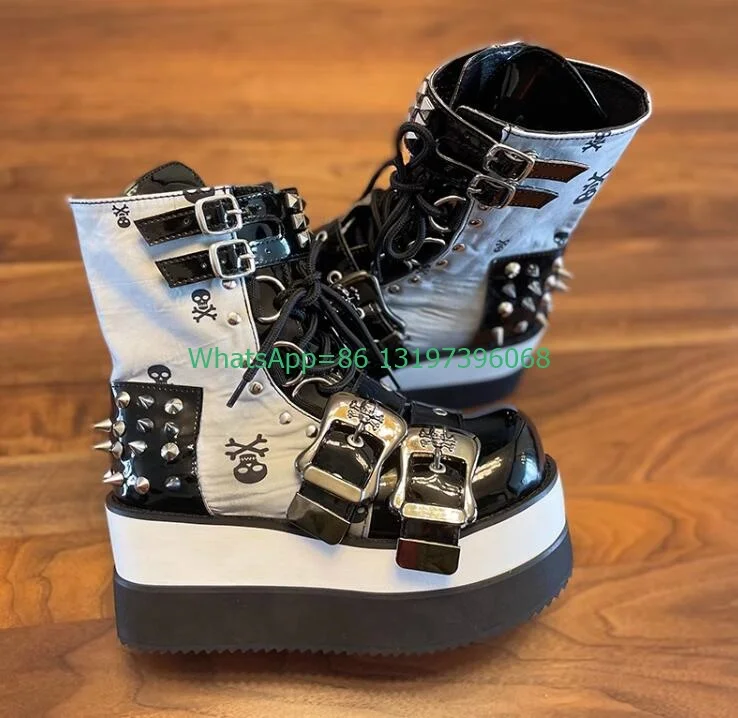 Lady-punk-style-spiked-toe-platform-boots-buckle-strap-Christmas ...